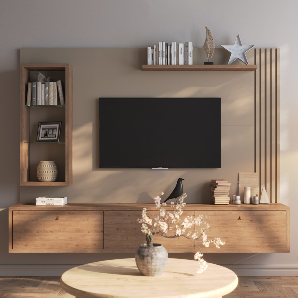 PANEL VARILLADO HASTA 65'' CON 3 PUERTAS BASCULANTES Y 3 ESTANTES ...