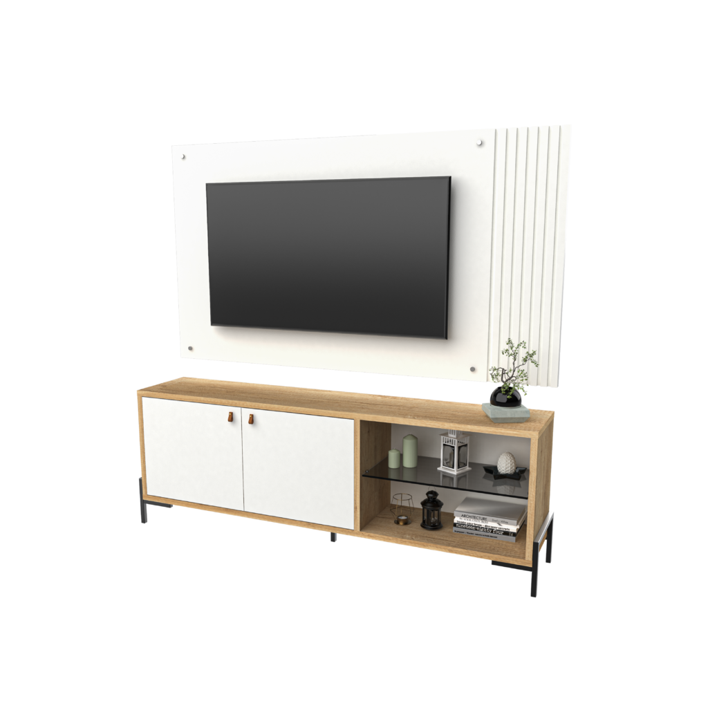 RACK VARILLADO 2 PTAS Y UN ESTANTE DE VIDRIO CON PANEL - Acasa Tienda